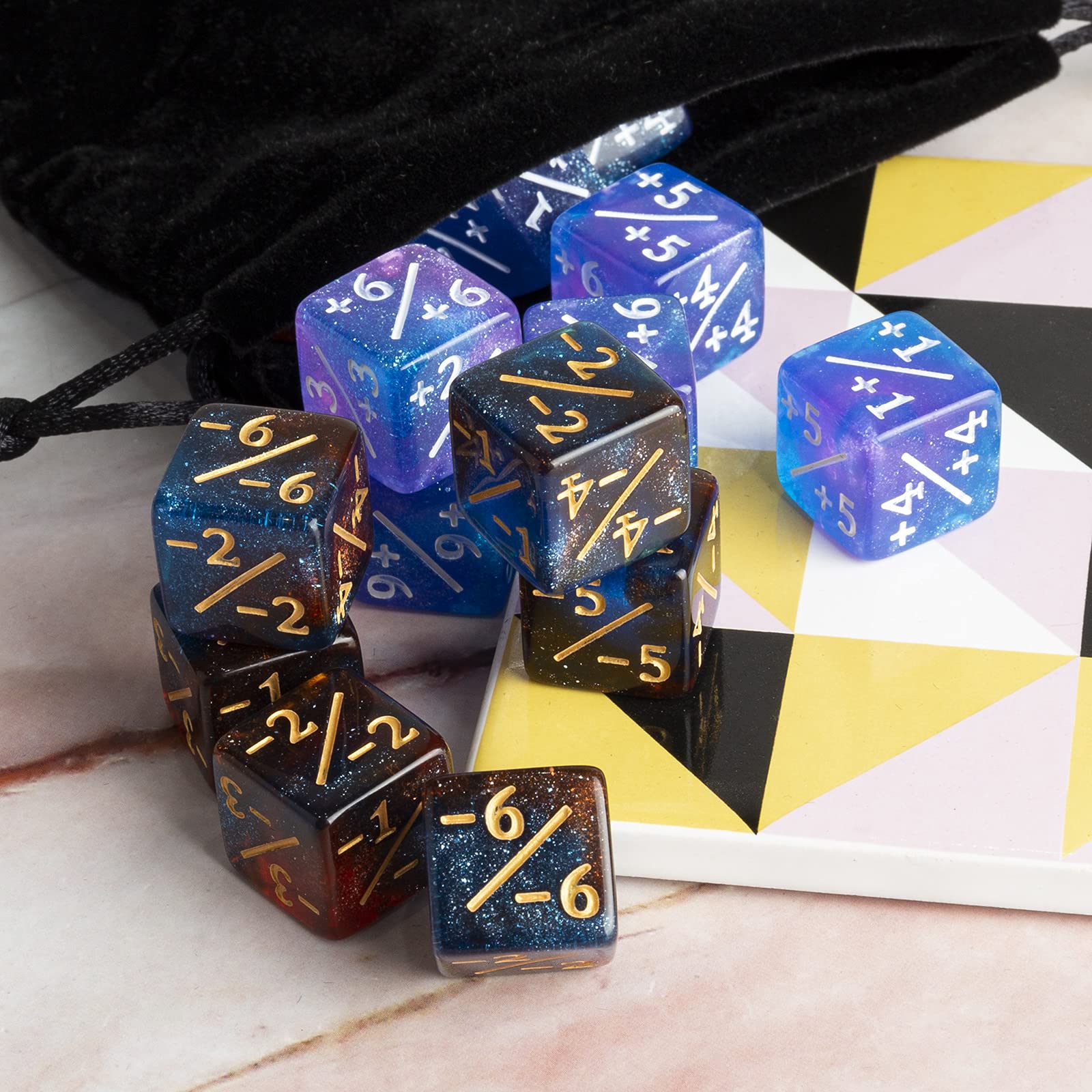 48 PCS Magic The Gathering Token Dice Counters Marble Cube D6 Dice Glitter Sparkle Starry Sky Dice for CCG Creature Stats Card Gaming MTG Accessory (2-Color Mixed)