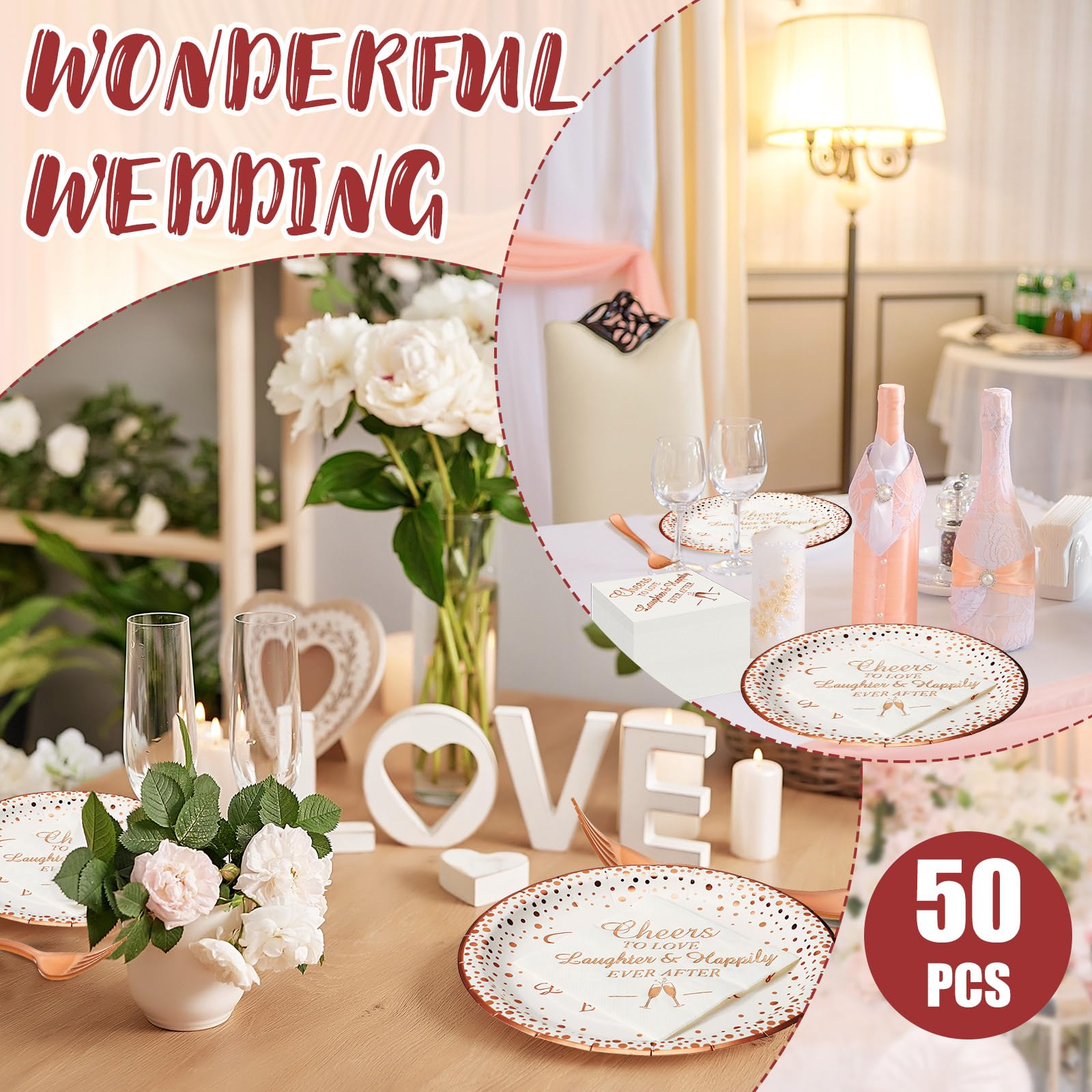 150 Pcs Bridal Shower Rose Gold Party Supplies Napkins Plates Forks Tableware Disposable Dinnerware Set for Bridal Shower Wedding Engagement Bachelorette Party Decorations (Cheers Style)