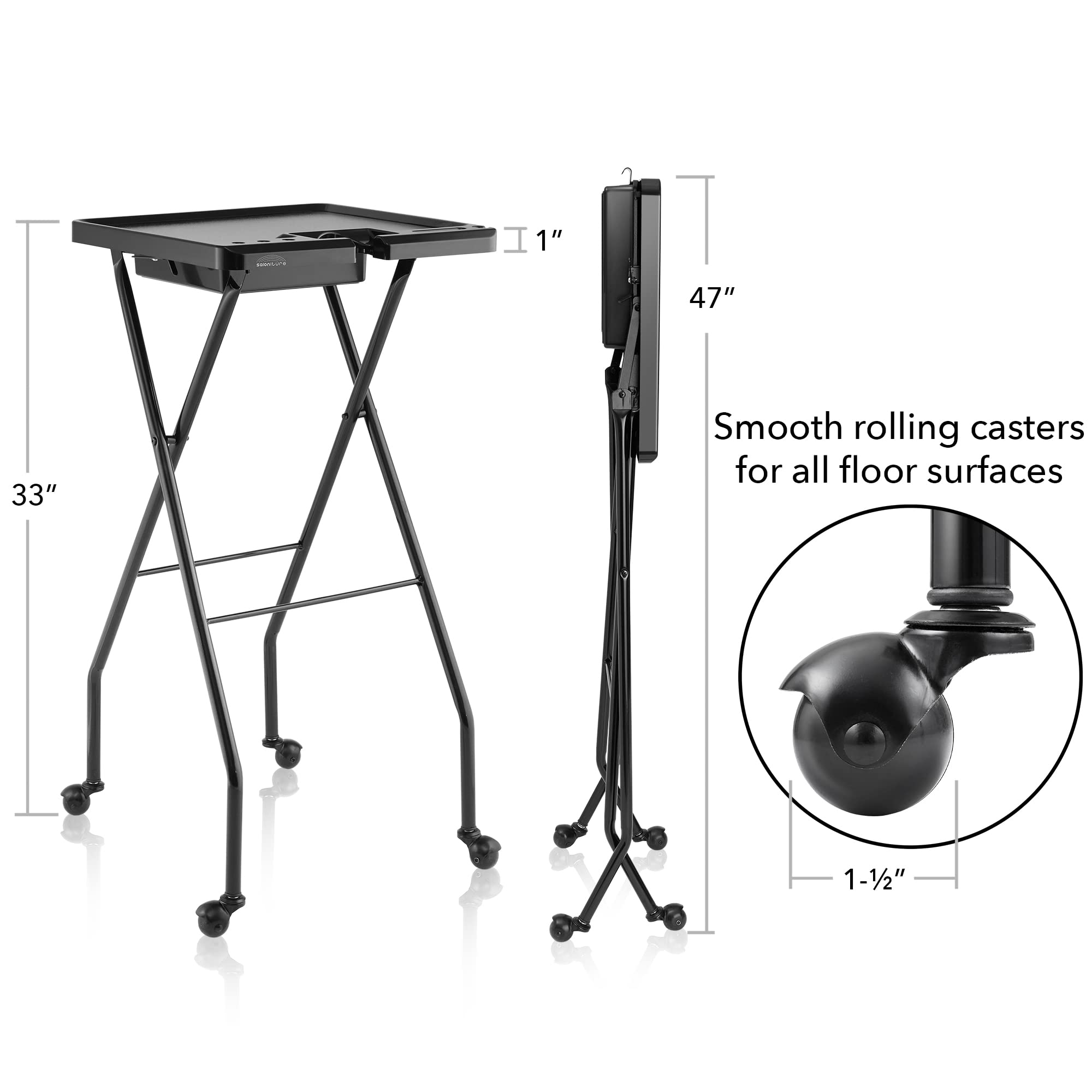 Saloniture Rolling Salon Coloring Tray - Folding Hair Stylist Color Cart with Drawer and Magnetic Bowls, Black