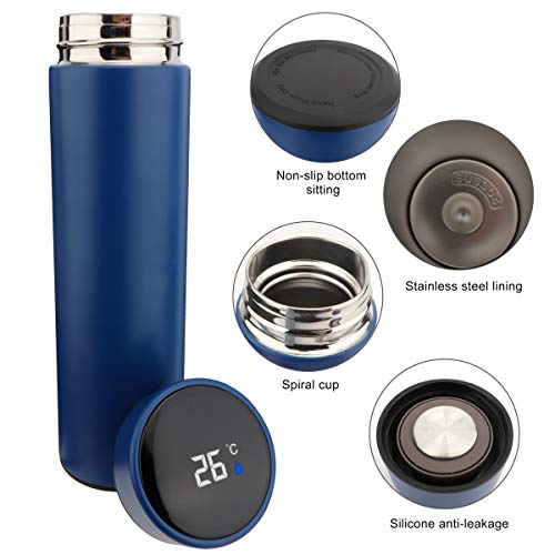 QiCheng&LYS Coffee Thermos,Tea Infuser Bottle,Smart Sports Water Bottle with LED Temperature Display,17 OZ Vacuum-Insulated Stainless-Steel Water Bottle (Blue)