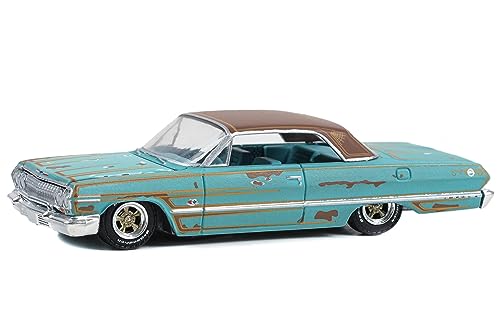 1963 Chevy Impala Lowrider Teal Patina (Rusted) with Brown Top and Teal Interior California Lowriders Series 3 1/64 Diecast Model Car by Greenlight 63040B