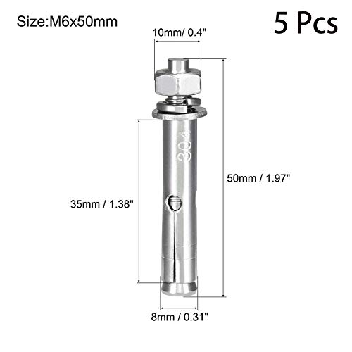5 Pcs M6 x 50mm 304 Stainless Steel Expansion Bolt External Hex Expansion Screw Bolt Sleeve Anchor,Pool Safety Cover Expansion Bolts,for Concrete