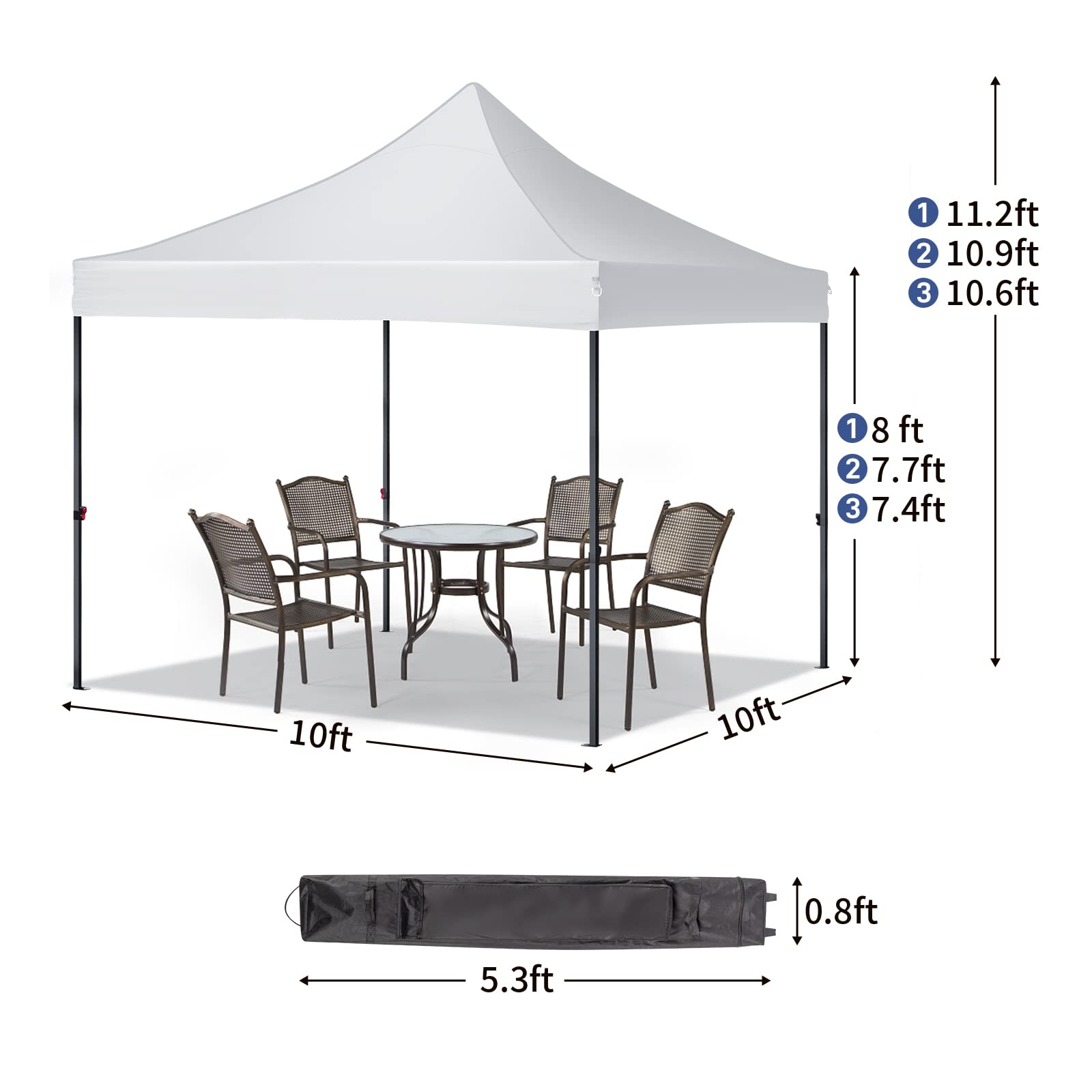 10x10 FT Pop Up Canopy Tent, Commercial Instant Heavy Duty Canopy, 500D Waterproof Adjustable Canopy with Wheeled Carry Bag, 4 Sandbags & 4 Stakes (White)