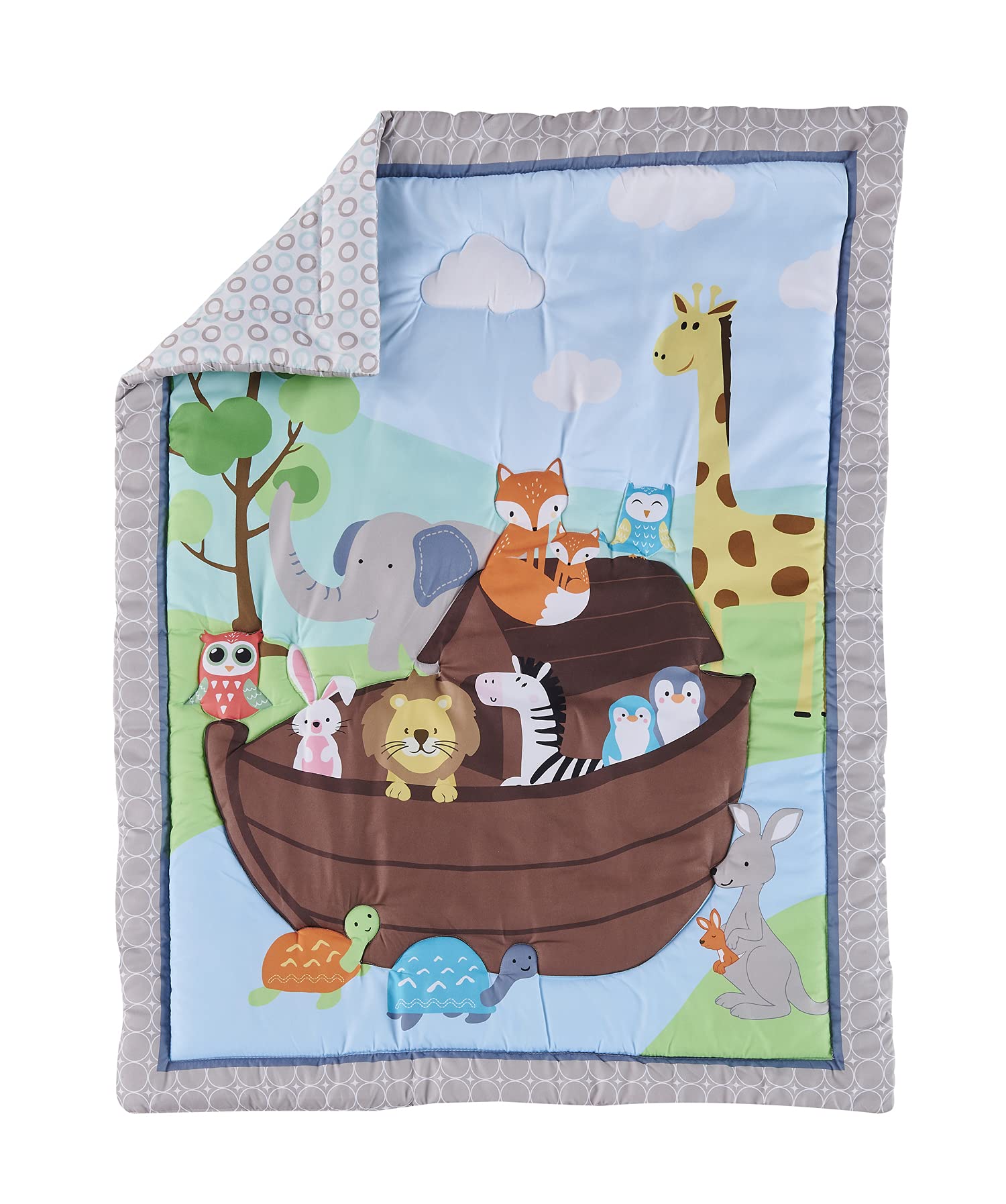 5 PCs Noah's Ark Nursery Crib Bedding Set Blue Grey Animal Theme Baby Crib Bedding Set Quilt + Skirt + Fitted Sheet + Diaper Storage Bag + Window Valance