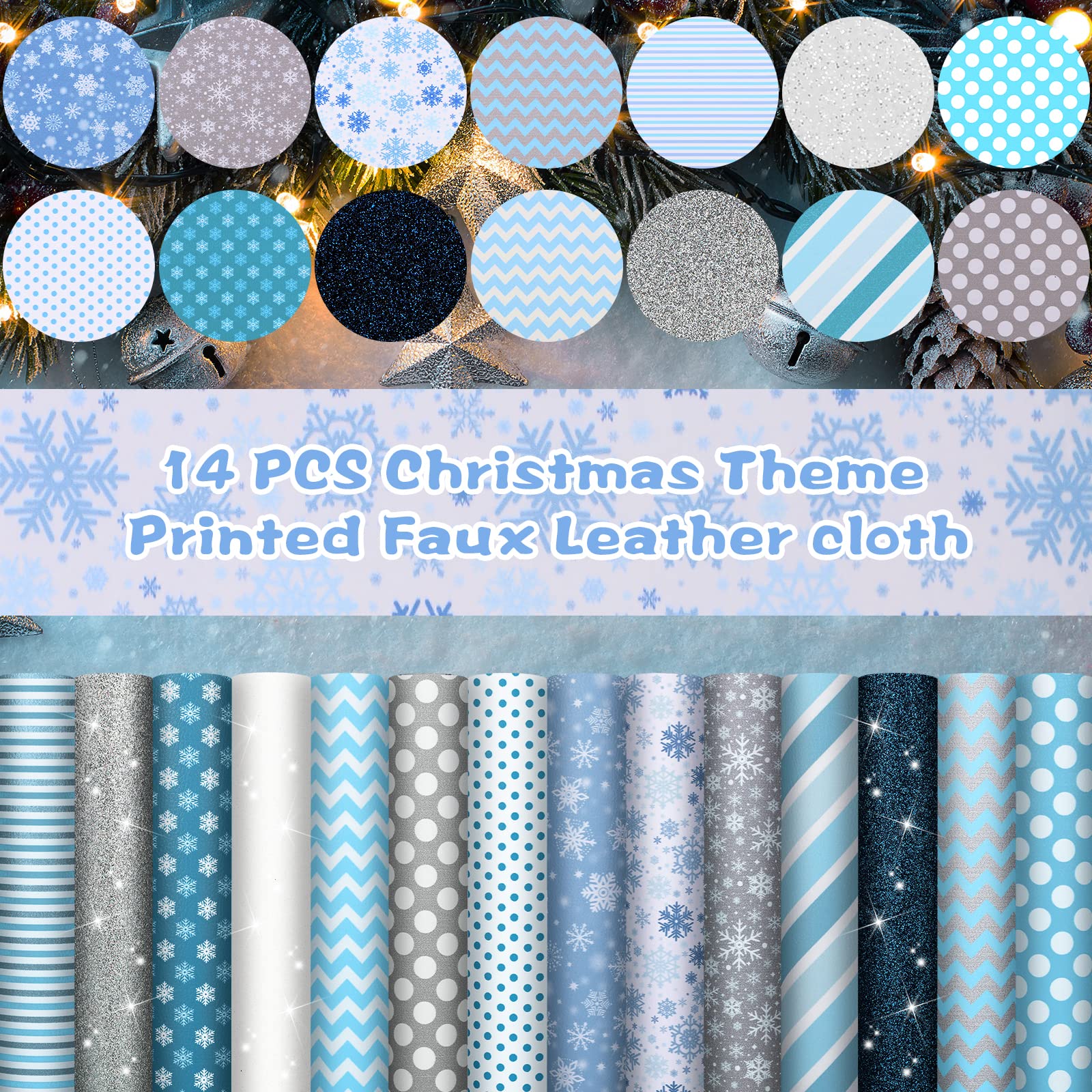 14 Pieces Christmas Winter Leather Sheets Glitter Faux Leather Fabric Snowflake Snowman Printed Leather Fabric for Bow Earring Making DIY Craft, 8.3 x 6.3 Inch (Multiple Style)