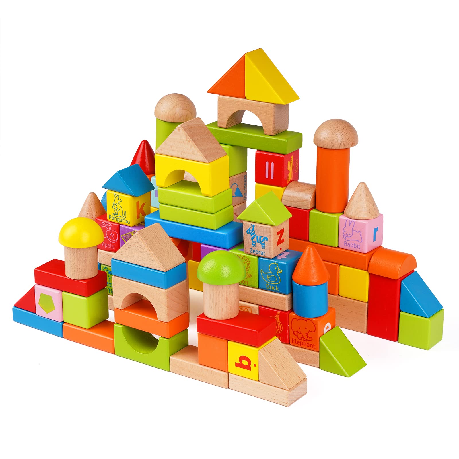 100Pcs Wooden Building Blocks Set- Wood Stacker Stacking Blocks Game Toys for Toddlers , Multiple Shapes, Numbers Blocks and ABC Alphabets Blocks- Baby Wooden Blocks for Kids Learning and Playing