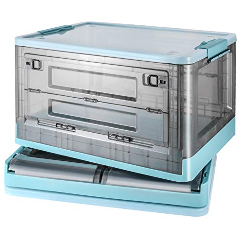 Clear Storage Bins with Lids, Plastic Collapsible Storage Cube with Double Door, Large Stackable Folding Crates for Home and Office, 52 Liters 1 Count…
