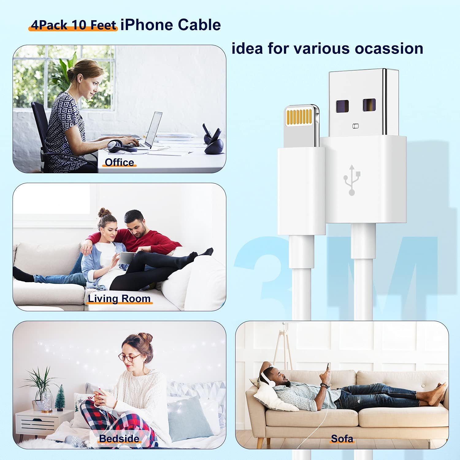 4Pack 10ft iPhone Charger Cable, [ Apple MFi Certified ] Long Apple Lightning to USB Cable 10 Feet, 10 Foot Fast iPhone Charging Cord for Apple iPhone 13 Pro/12 Mini/11/Pro/11/XS/MAX/XR/8/7/6/5/SE