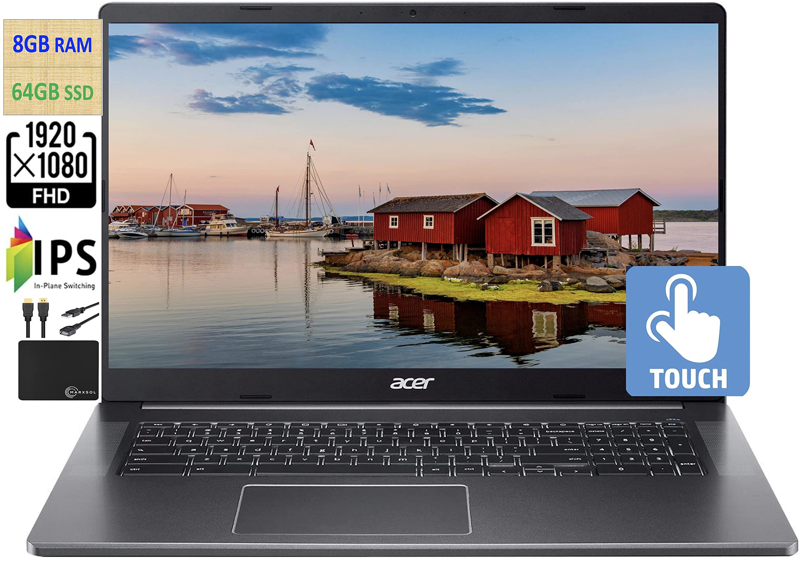 acer 2023 Newest Chromebook 17.3" FHD IPS Touchscreen Light Laptop, 4-Core Intel Pentium N6000 (Upto 3.3GHz), 8GB RAM, 64GB eMMC, HD Webcam, UHD, WiFi 6, 10+ Hour Battery, Chrome OS, w/MarxsolCables
