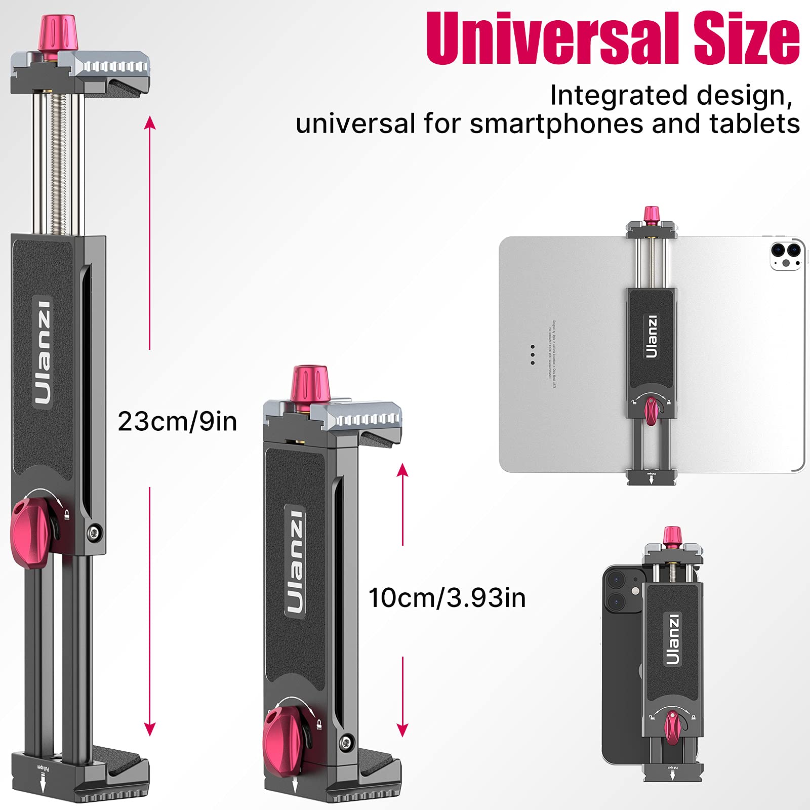 Aluminum iPad Tripod Holder Mount - U-pad III 7.9-12.9in Metal iPad Tripod Adapter w Cold Shoe 2 Acra Swiss QR Mount Adjustable Universal Tablet Clamp Video Recording for iPhone iPad Air Mini