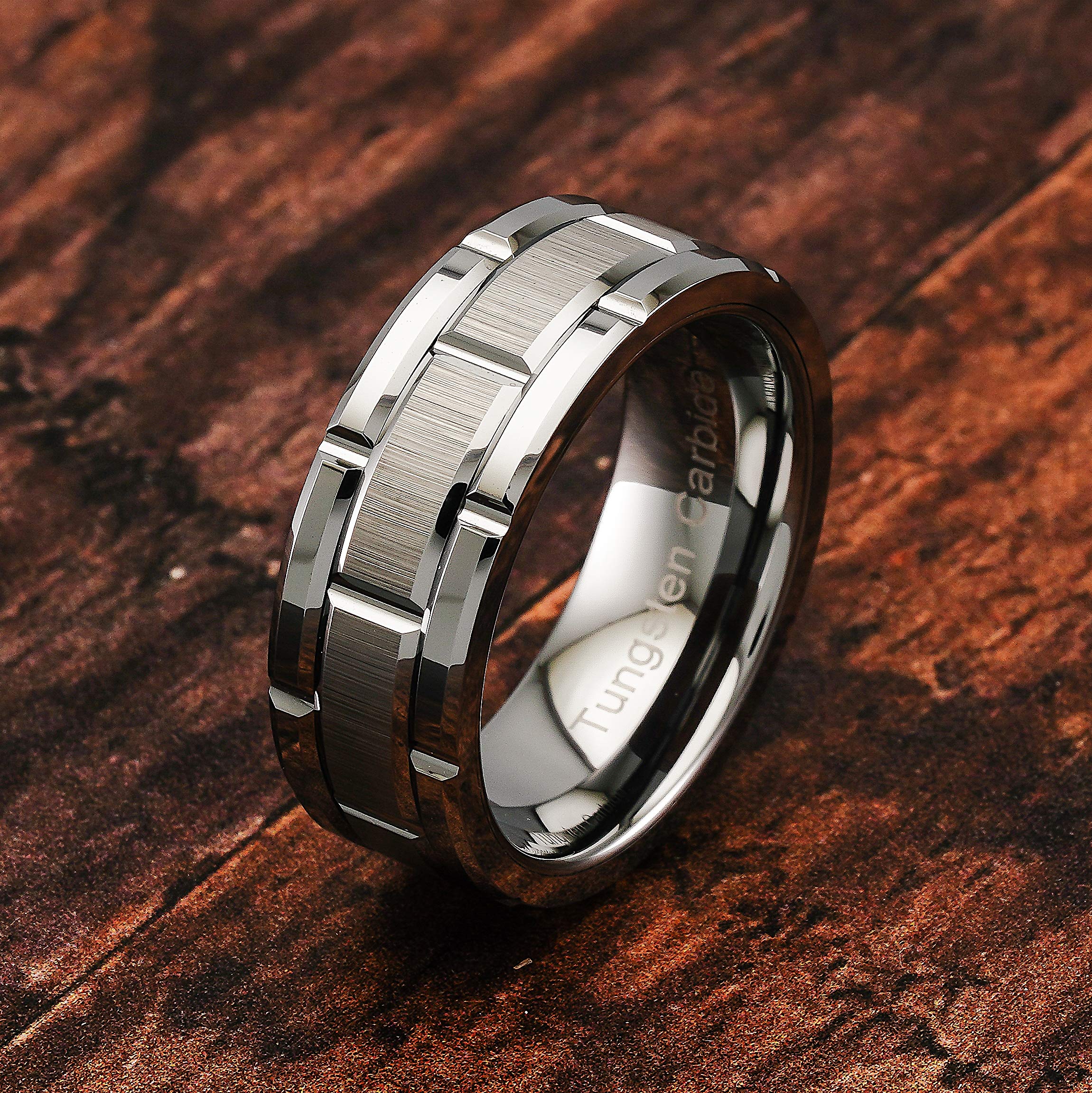 100S JEWELRY Tungsten Rings For Men Wedding Band Silver Brick Pattern Brushed Engagement Promise Size 6-16 (Tungsten, 10)
