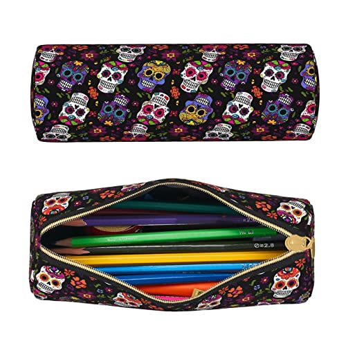 Aieefun Sugar Skull And Flowers Cylinder Pencil Case Holder Zipper Pen Bag Pouch Cosmetic Makeup Bag
