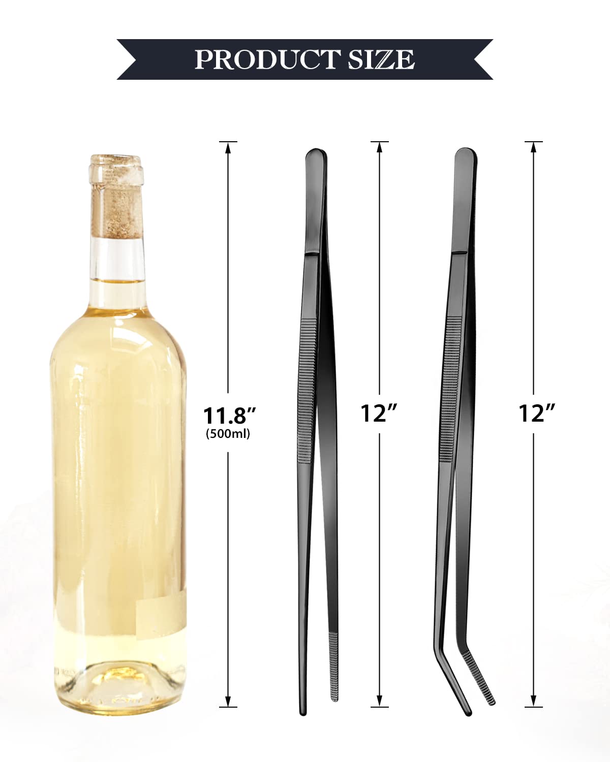 12-inch Cooking Tweezer and Curved Tong Set, Tongs Precision Serrated Tips, Stainless Steel Professional Chef Tweezer Kitchen Tools for BBQ, Plating and Serving