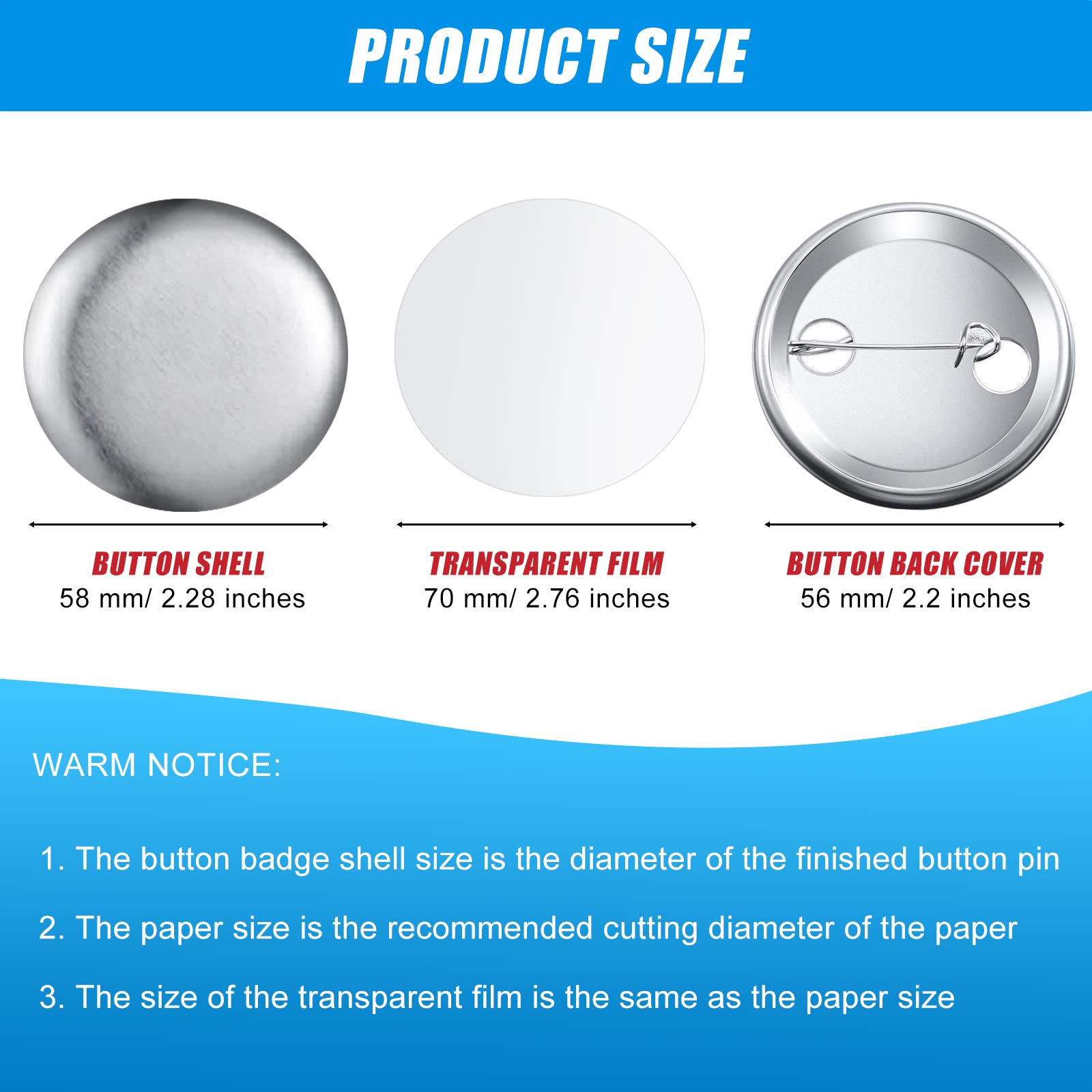 150 Pcs Round Button Parts Blank Button Making Supplies Metal Button Badge Sets for Button Maker Machine, Include Metal Shells Metal Back Cover Clear Film Components (Silver, 58 mm/ 2.28 Inch)