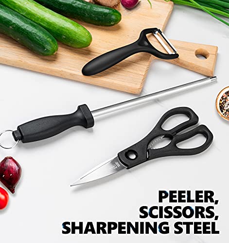 MICHELANGELO Kitchen Knife Set with Block, Sharp Black Knife Set for Kitchen, 16 Piece Stainless Steel Cooking Knife Set with Sharpener, Includes Steak Knives Set, Chef Santoku Knives, Black
