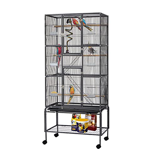 70ββ Big Bird Cage Wrought Iron Large Bird Cage with Rolling Stand for Parrots Conures Lovebird Cockatiel Parakeets, Black