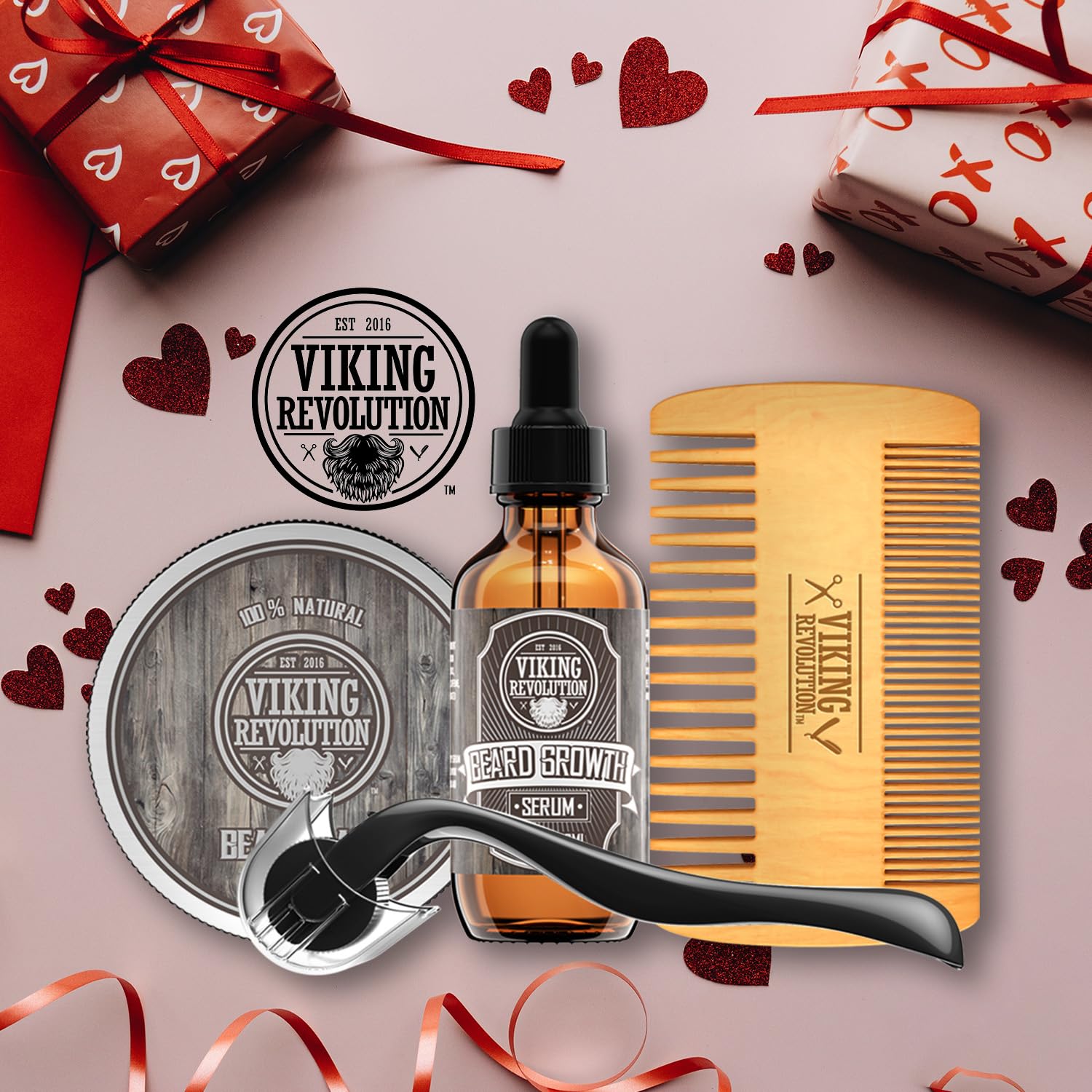 Beard Growth Kit - Oil, Balm, Serum, Derma Roller & Wooden Comb for Beard & Mustache Growth