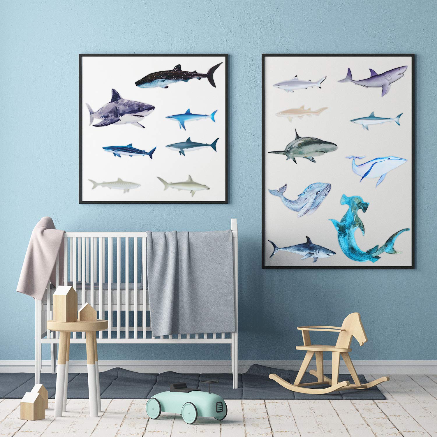 18 Pieces Sharks Peel Shark Wall Decals Removable Wall Stickers Animal Shark Decal Stickers Sea Theme Wall Decor Sticker for Room Bathroom Nursery Home Decor (Cute Style)