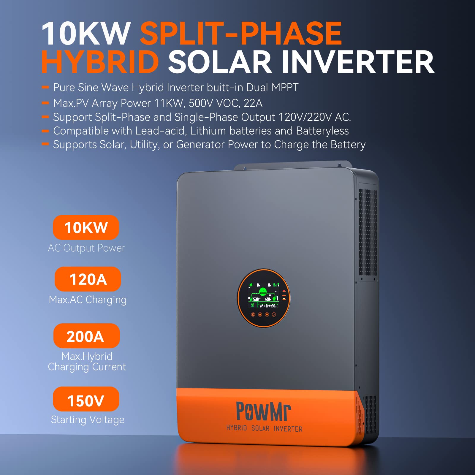10000W Split-Phase Solar Inverter 48V to 120V/240V, 10kW Power Inverter Charger & 50 Feet 10awg Solar Cable