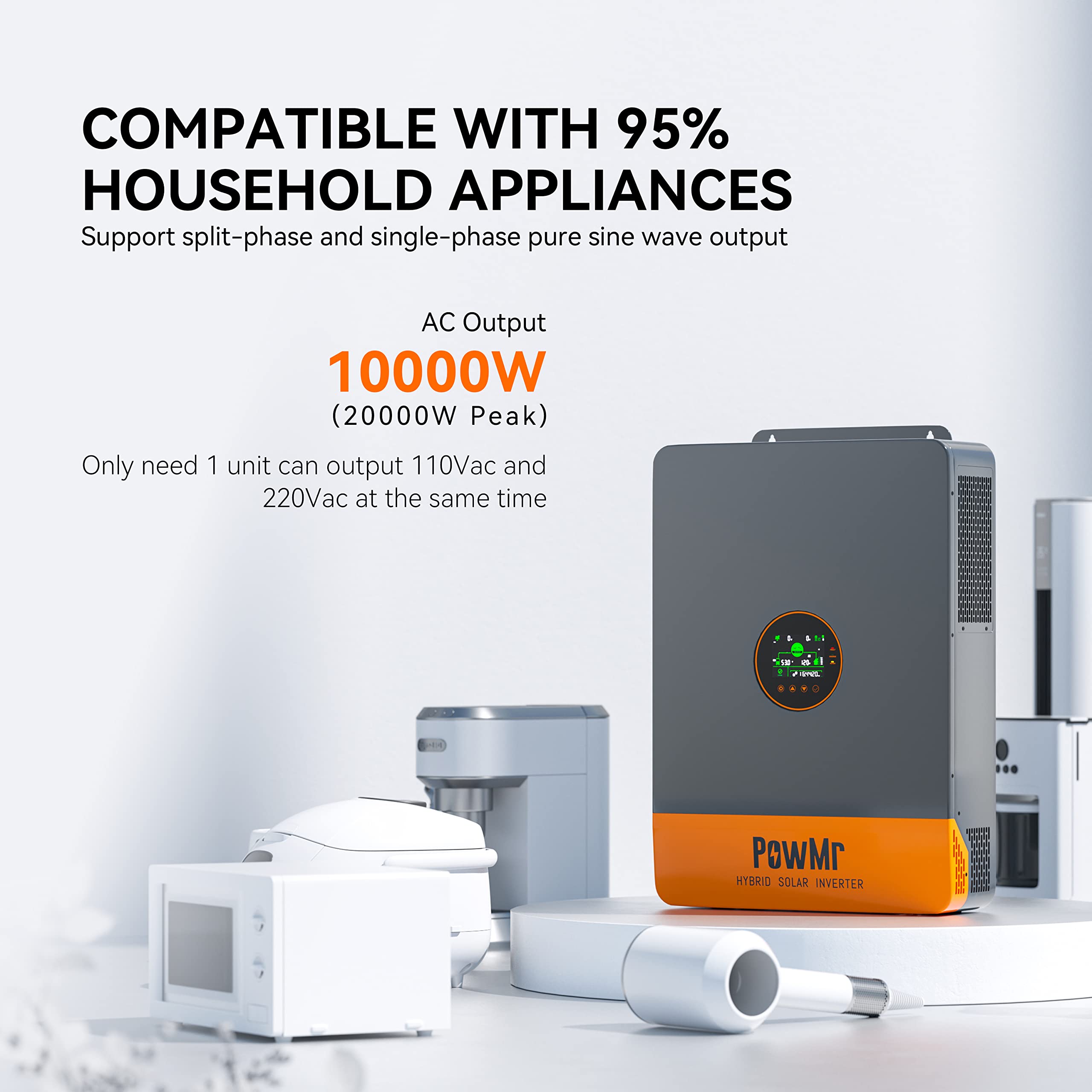 10000W Split-Phase Solar Inverter 48V to 120V/240V, 10kW Power Inverter Charger & 50 Feet 10awg Solar Cable