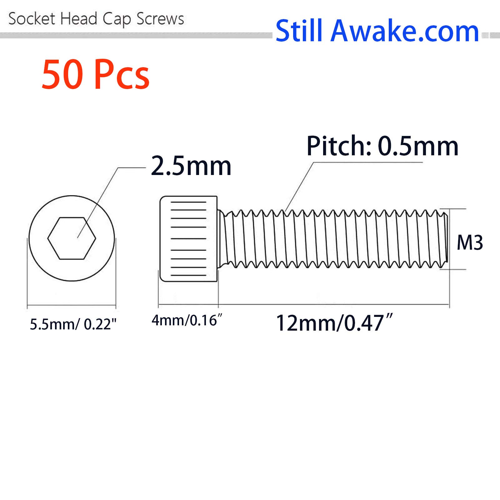 50 Pcs M3-0.5x12mm Stainless Steel Hex Socket Head Cap Screws Bolts Inner Hex Socket Bolt DIN 912
