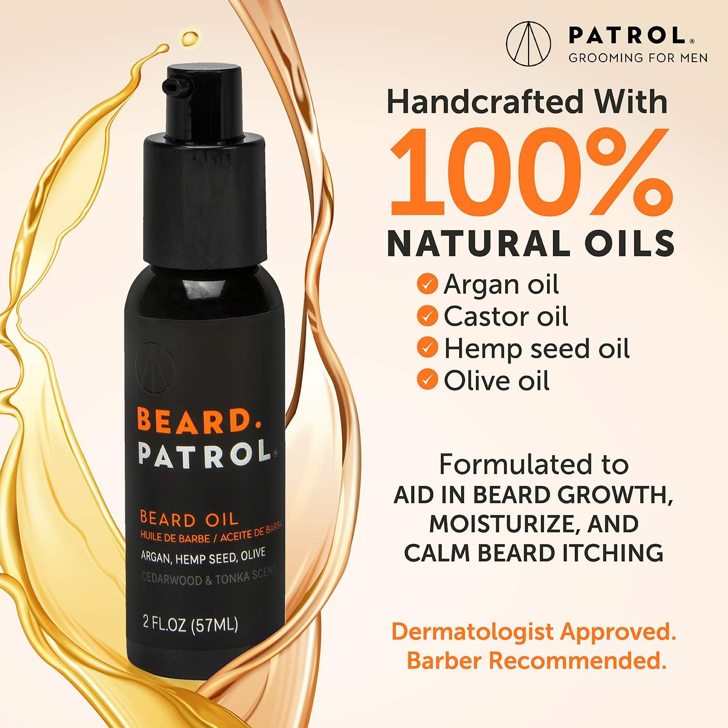 Beard Patrol Men's Beard Oil - Softens, Smooths & Strengthens Beard Growth – Grooming Beard and Mustache Maintenance Treatment - Cedarwood & Tonka