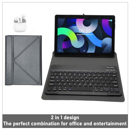 10.1 Inch Android 12 Tablet, 2 in 1 Tablet with Bluetooth Keyboard, Leather Case, TWS Headset, 4GB RAM, 64GB ROM, 5G WiFi, 8800mAh Battery (US Plug)