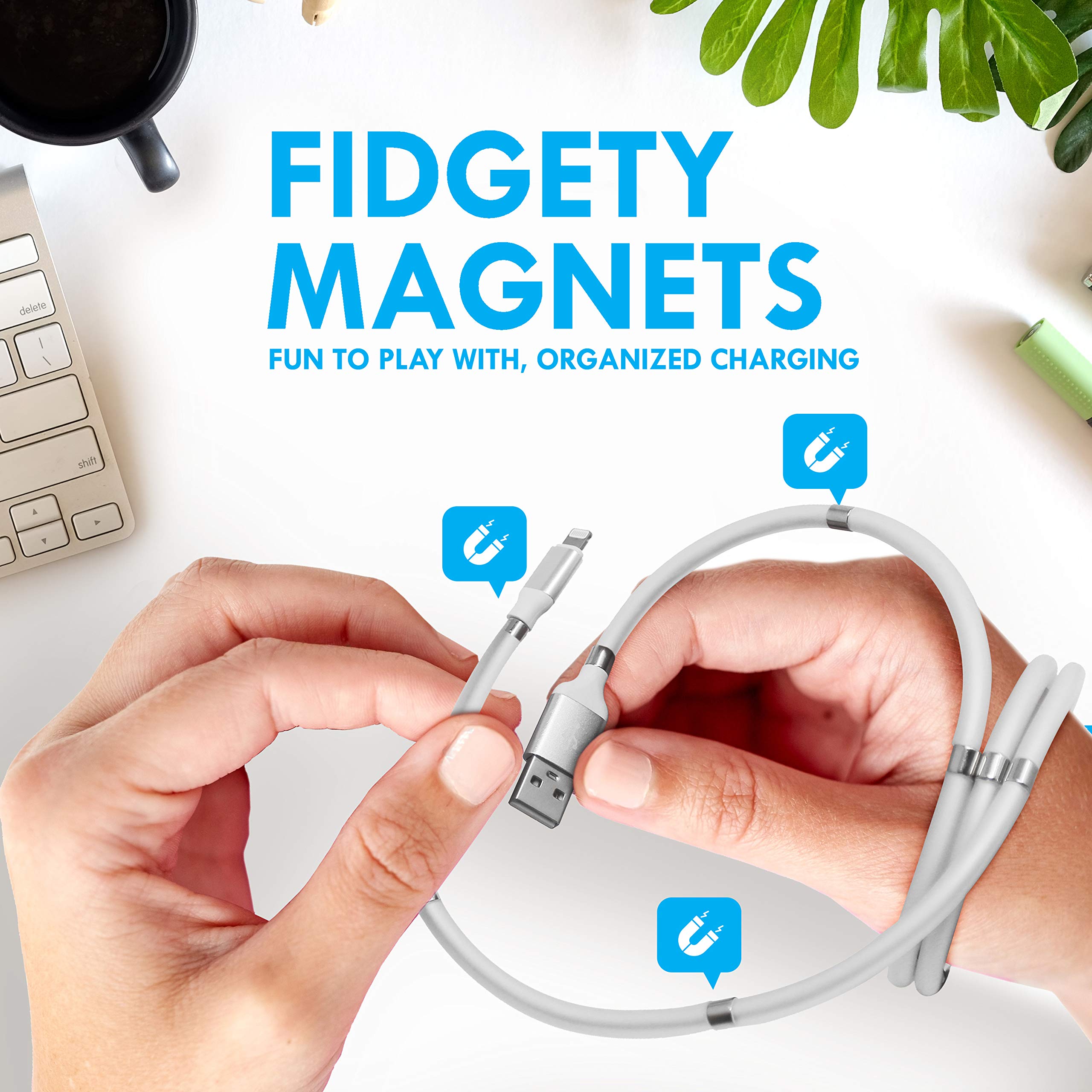 Aduro Magnetic Self Winding Fidget Lightning iPhone Charger Cable MFi Certified Charging Cable Cord For iPhone 12 11 Xs Max XR X 8 Plus 7 Plus 6S 6 Plus SE 2020 5S iPad Pro iPod Airpods 3 Foot (White)
