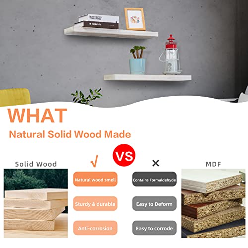 2 Pack 16" Solid Cedar Wood Floating Shelves, Brushed Finish, Wall Mounted for Home Living Room Bathroom