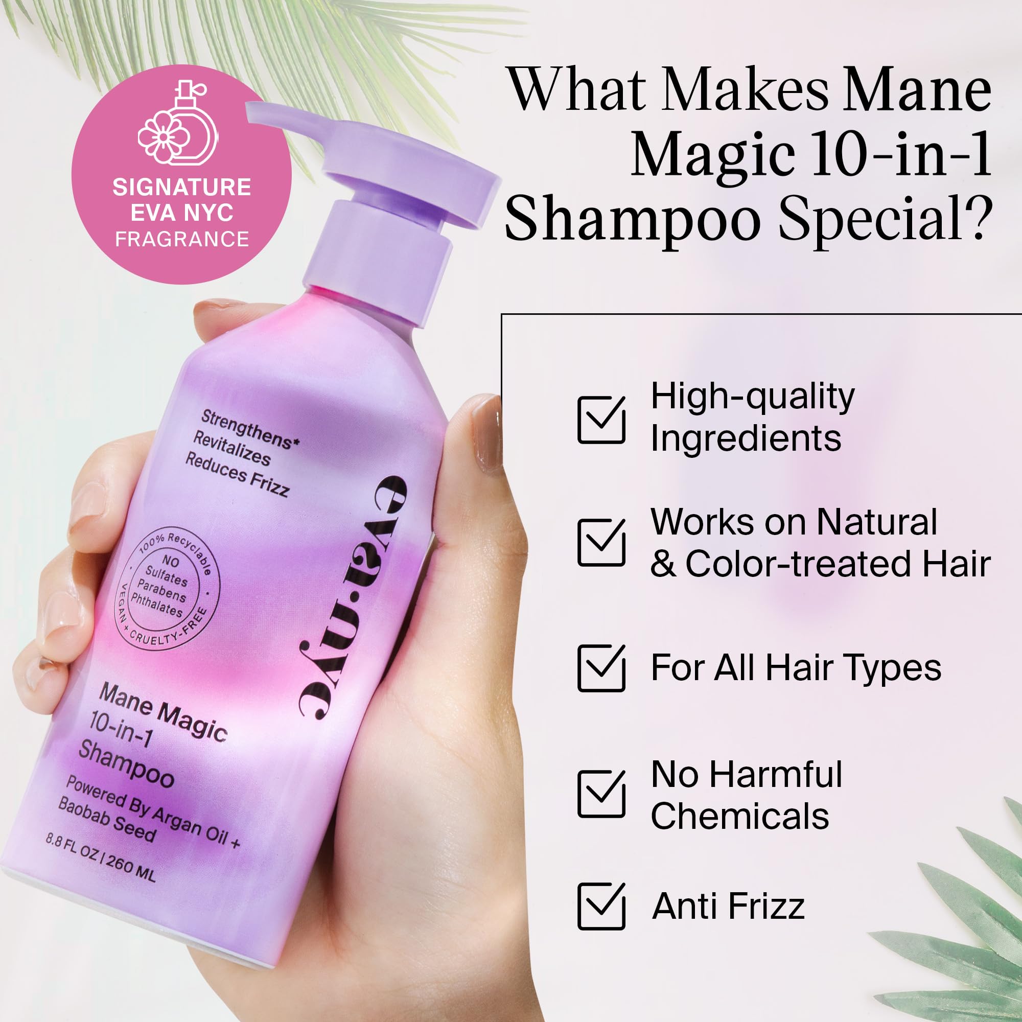 Eva NYC Mane Magic 10-in-1 Shampoo - Soft, Smooth, Strengthening and Nourishing Sulfate-Free Shampoo for Women, GMO-Free, 8.8 fl oz