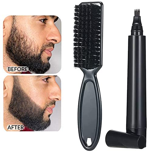 Beard Pencil Filler for Men Water Proof& Sweat Proof, Long Lasting - Beard Filling Pen Kit with Brush and Beard Styling Comb Tool Creates Natural Looking Beard, Moustache & Eyebrows (Black, Home kit)