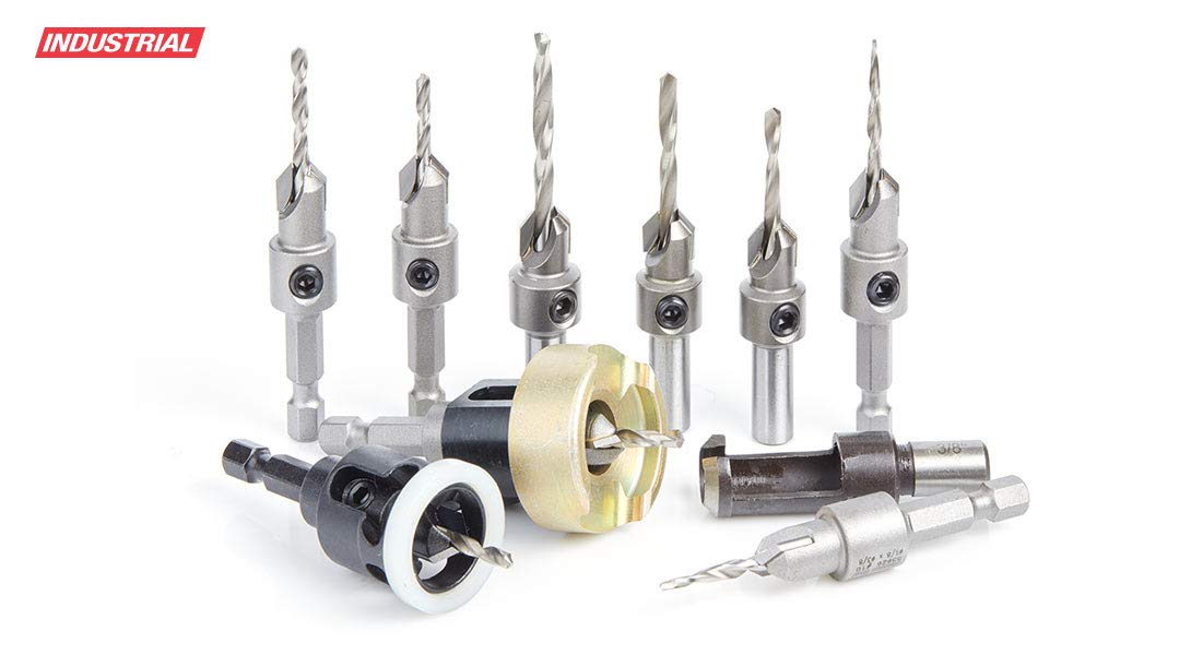 Amana Tool AMS-620 10-Pc Carbide Tipped Countersink with Adjustable Depth Stop and No-Thrust No Marring Ball Bearing Master Set