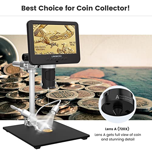 3 Lens 7 inch HDMI Digital Microscope 2000X for Soldering with 13'' Arm Boom Stand LINKMICRO LM246MS UHD 2160P Error Coin Microscope Full View of Coins, Microscope Kit for Adults, PCB Repair DIY