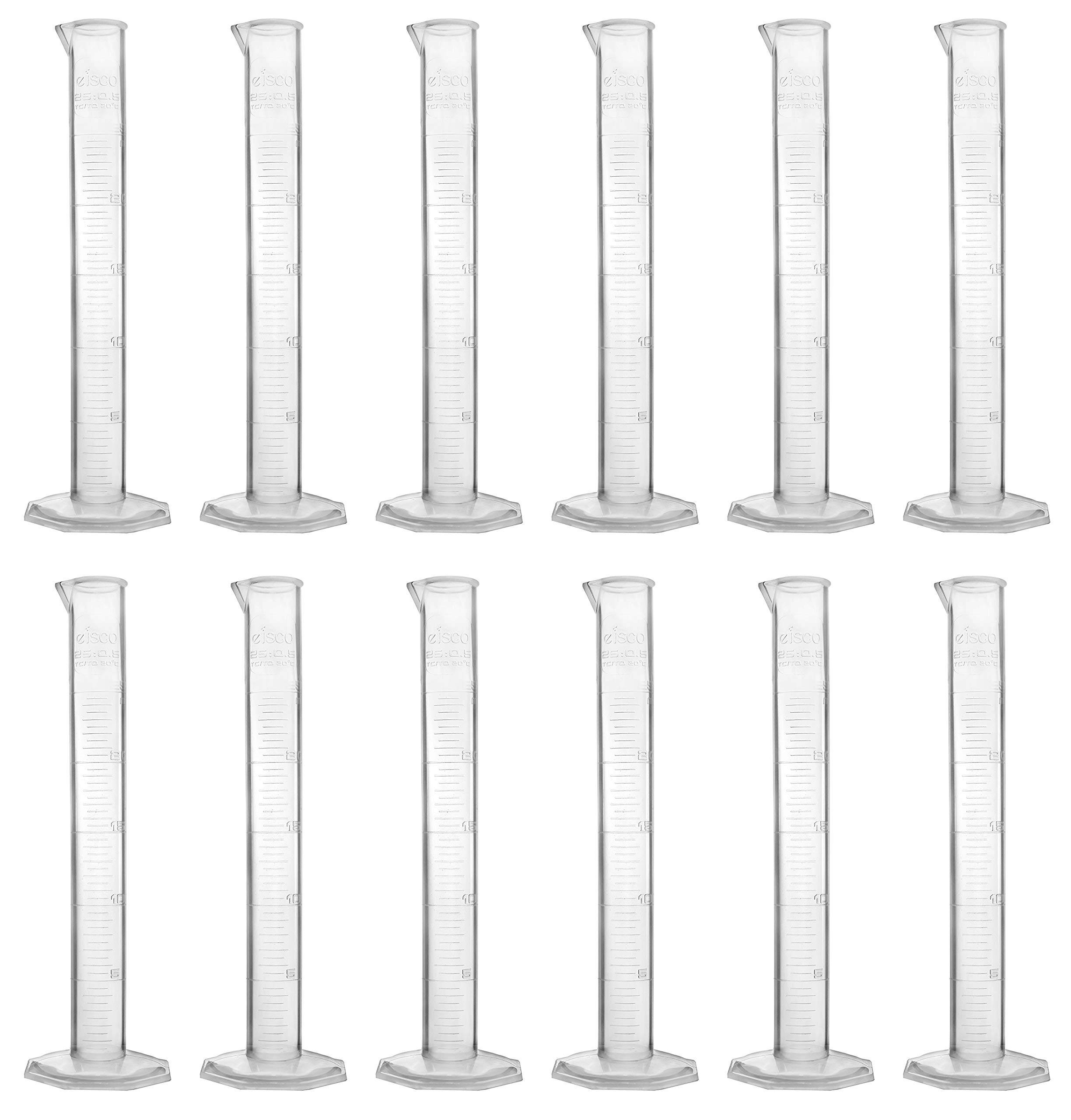 12PK Graduated Cylinders, 25mL - Class B Tolerance - Octagonal Base - Polypropylene Plastic - Industrial Quality, Autoclavable - Eisco Labs