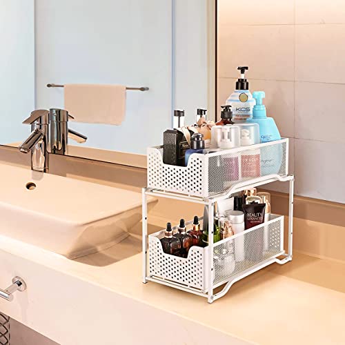 2 Pack Stackable 2-Tier Metal Under Sink Cabinet Organizer with Sliding Storage Drawers with Hooks and LED Strip Lights,White