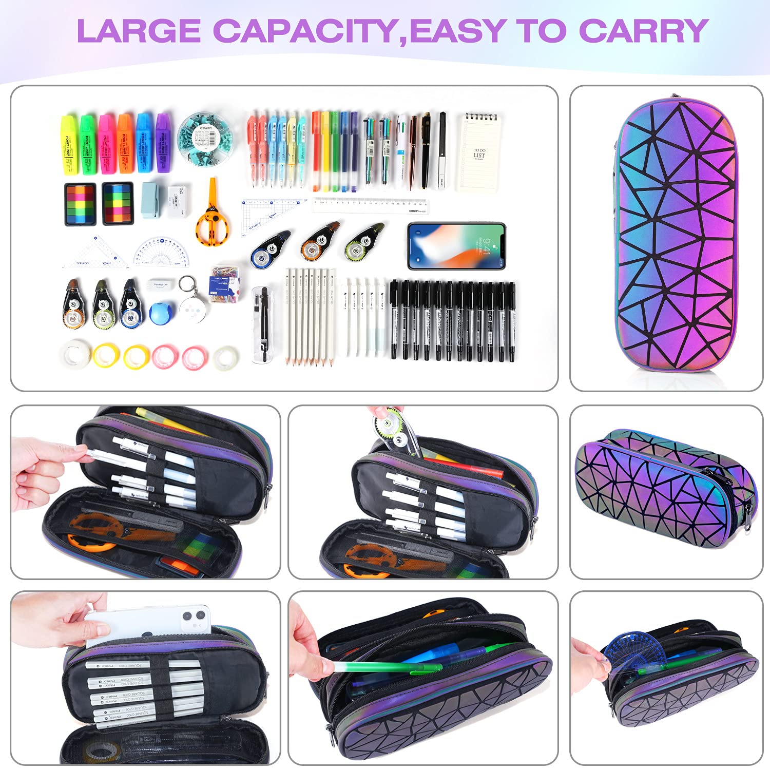 Qbily Large Capacity Pencil Case,Light Pencil Case Pouch Office School College Organizer Storage, High-Capacity Gel Pen Marker Pencil Pen Stationery Case,Purple,Small