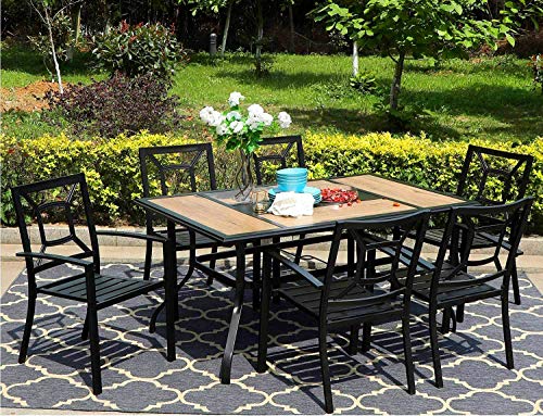PHI VILLA 7 Piece Outdoor Dining Table Set, 61"x37" Rectangular Dining Table with Wood Top & 1.56β Umbrella Hole and 6 Metal Chairs for Patio, Deck