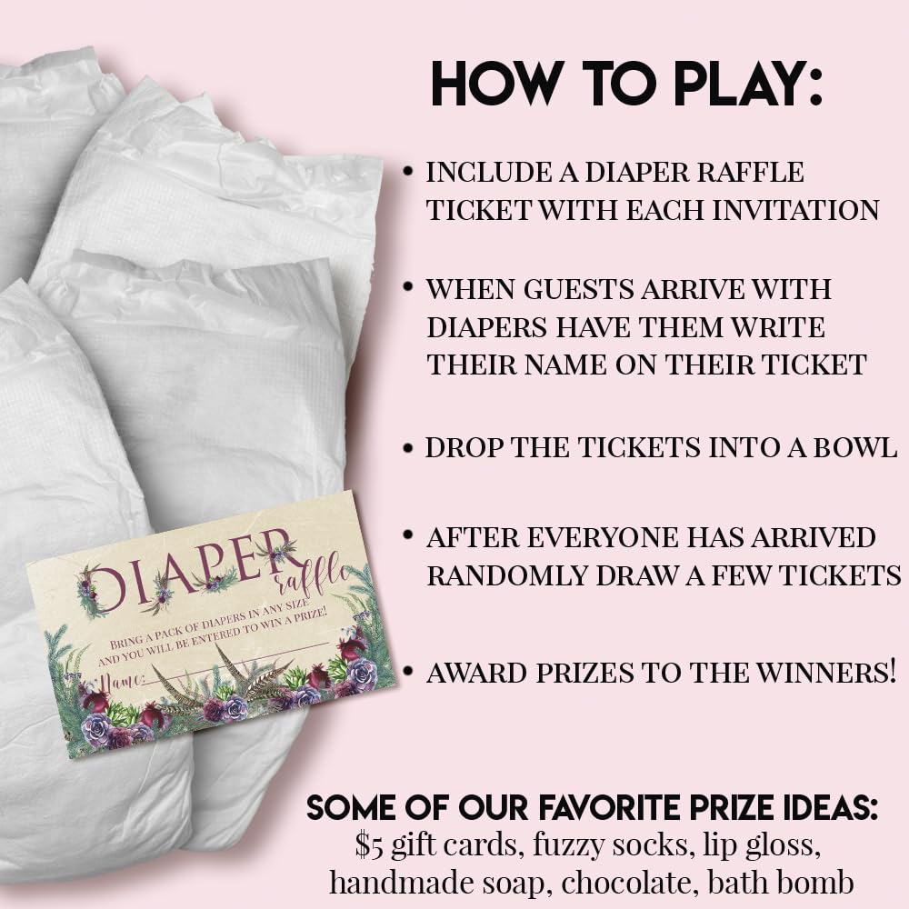 Amanda Creation Rustic Boho Watercolor Succulents, Pine, and Feathers Diaper Raffle Tickets for Baby Showers, 20 2" X 3” Double Sided Inserts, Bring a Pack of Diapers to Win Favors &