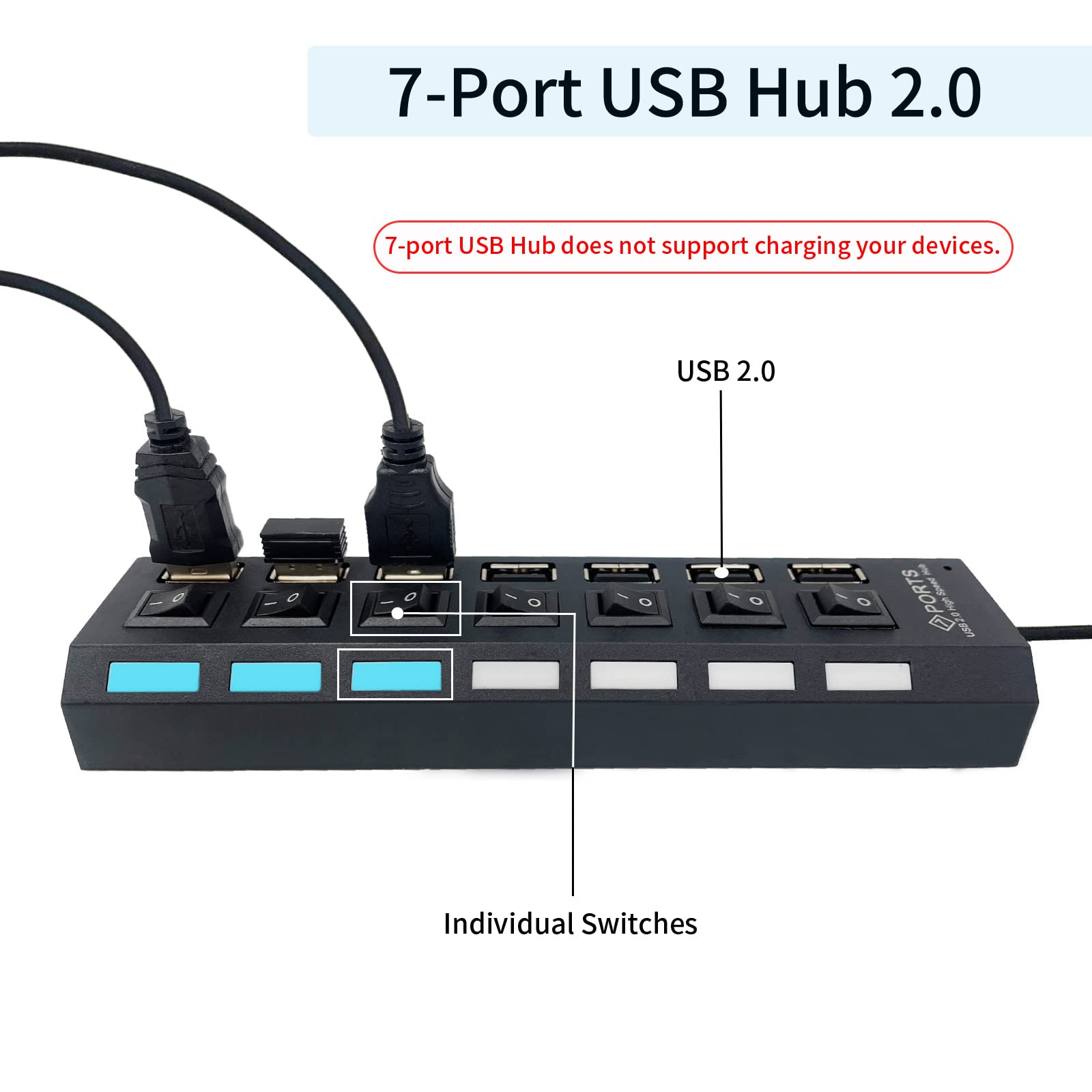 7-Port USB Hub 2.0, USB Hub USB Splitter with Individual Switches for Laptop, Computer, Keyboard and Mouse, USB Devices (Black)