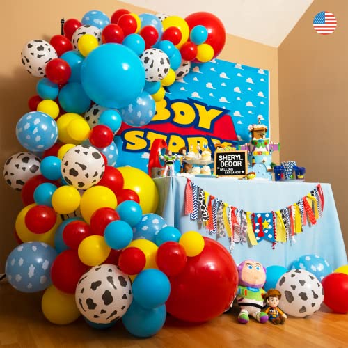 100pc, 4 Sizes – Toy Story Balloons Arch Kit for Boy Story Baby Shower Decorations Theme – Toy Story Balloon Garland Kit with Cloud & Cow Toy Story Balloons for First Toy Story Birthday Party Supplies