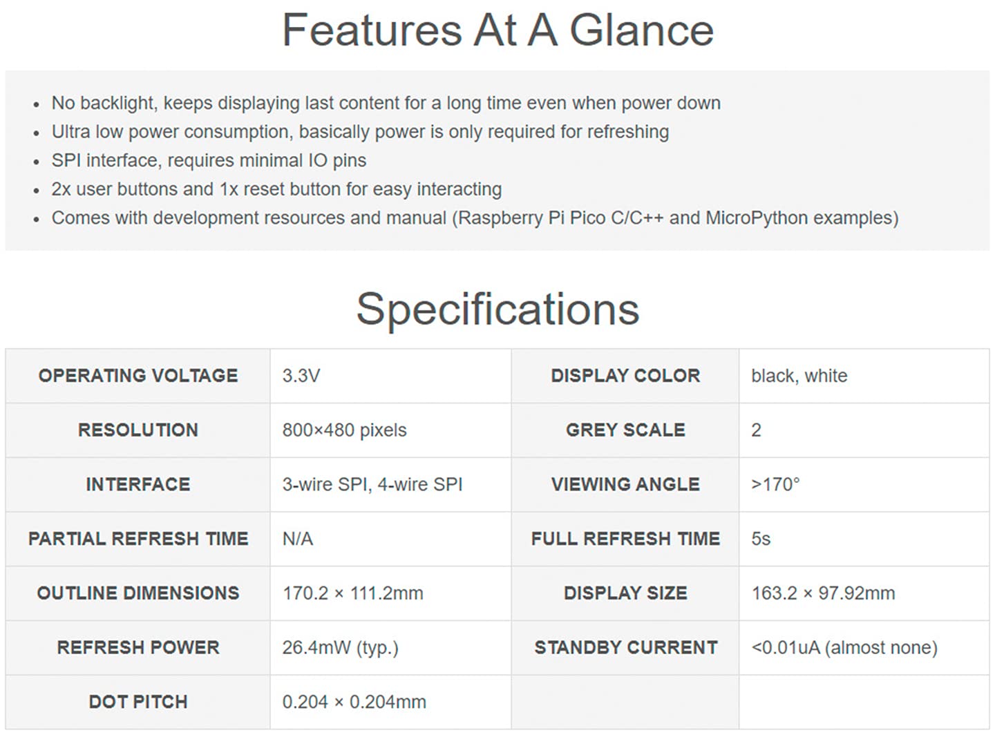 7.5inch E-Paper Display Module for Raspberry Pi Pico, 800×480 Pixels Black/White Two-Color E-Ink SPI Interface, Wide Viewing Angle, Paper-Like Effect Without Electricity