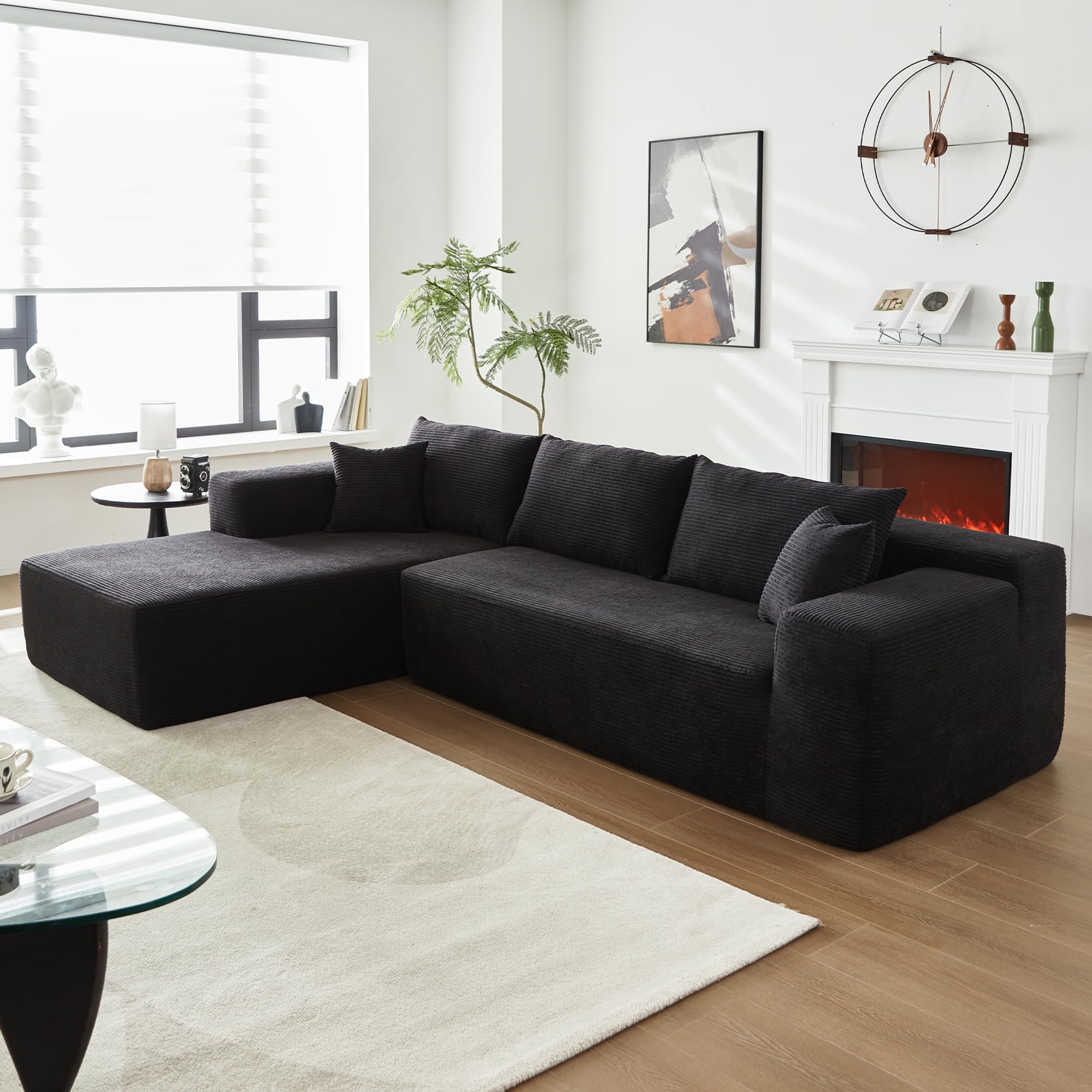 104" Cloud Sectional Couch with Comfy Chaise, No Assembly Required L Shape Sofa with Deep Seat, Minimalist Modular Couches Sleeper for Living Room (Black (Corduroy Fabric), Left Facing Chaise)