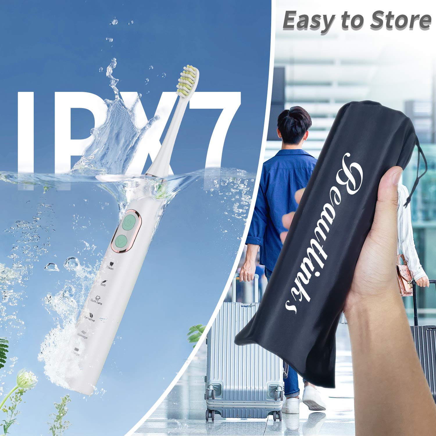Beautlinks Electric Toothbrush, Power Toothbrush with 5 Modes, 2-Min Smart Timer, 2 Brush Heads, Travel Bag Included for Travel and Home Use