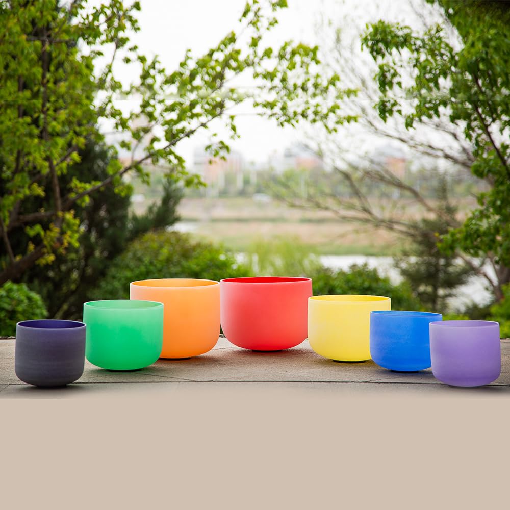 7"-12" 432Hz Chakra Tuned Set of 7 Colored Frosted Quartz Crystal Singing Bowl