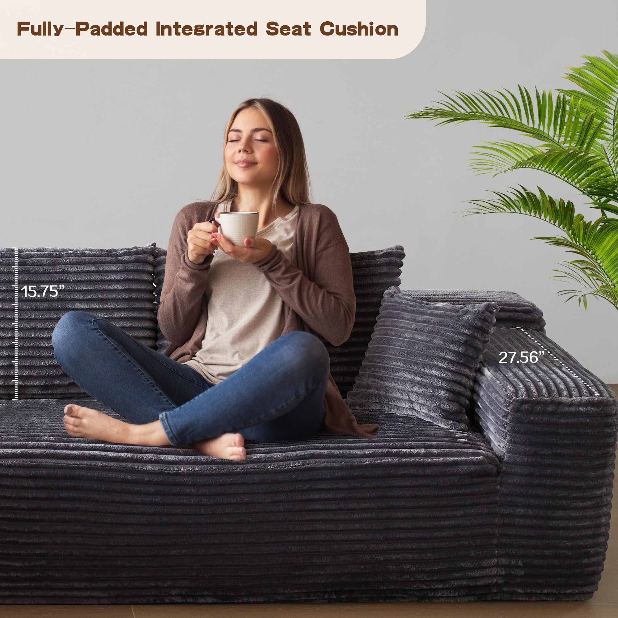 104" Modular Sectional Sofa Couch,L-Shape Upholstered Cloud Couch,Modern Minimalist Couches for Living Room,Free Combination Deep Seat Corner Couch,Left Facing Chaise,Grey, Plush Corduroy