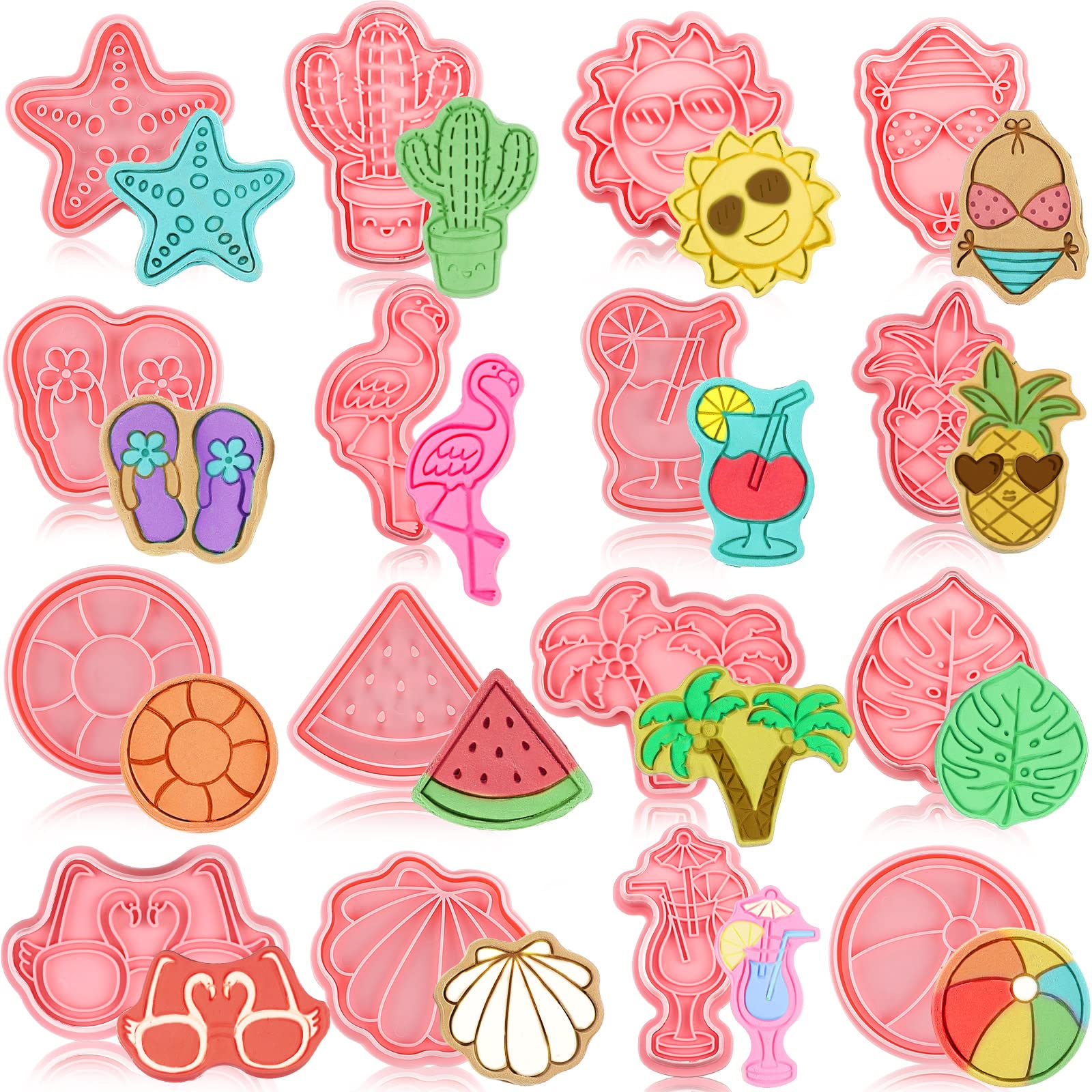 16 Pcs Summer Beach Cookie Cutters with Plunger Stamps Set Hawaiian Biscuit Mold 3D Fondant Cookie Stamper Pineapple Flamingo Cactus Sun Starfish Seashell Palm Tree for Baking Supplies