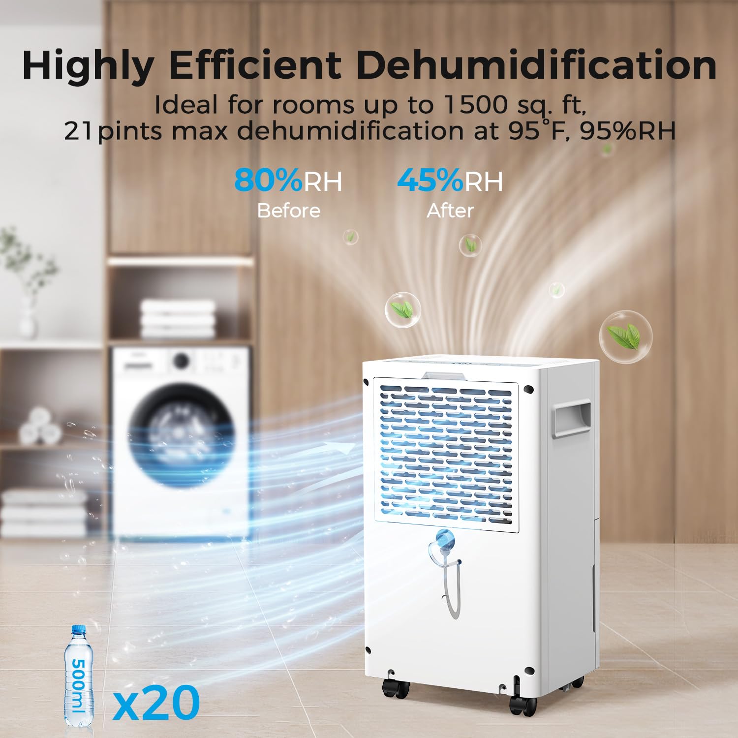 1500 Sq.ft Dehumidifier for Basement, SEAVON 21 Pint Dehumidifiers with Drain Hose for Home Large Room Bedroom Bathroom, Powerful Moisture Removal, Smart Humidity Control & Display, 24H Timer, 3 Modes