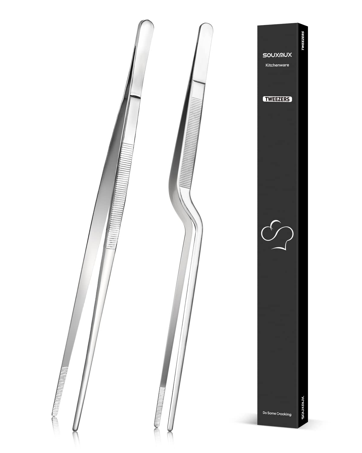 12-inch Cooking Tweezer and Offset Tweezer Set, Tongs Precision Serrated Tips, Stainless Steel Professional Chef Tweezer Kitchen Tools for BBQ, Plating and Serving