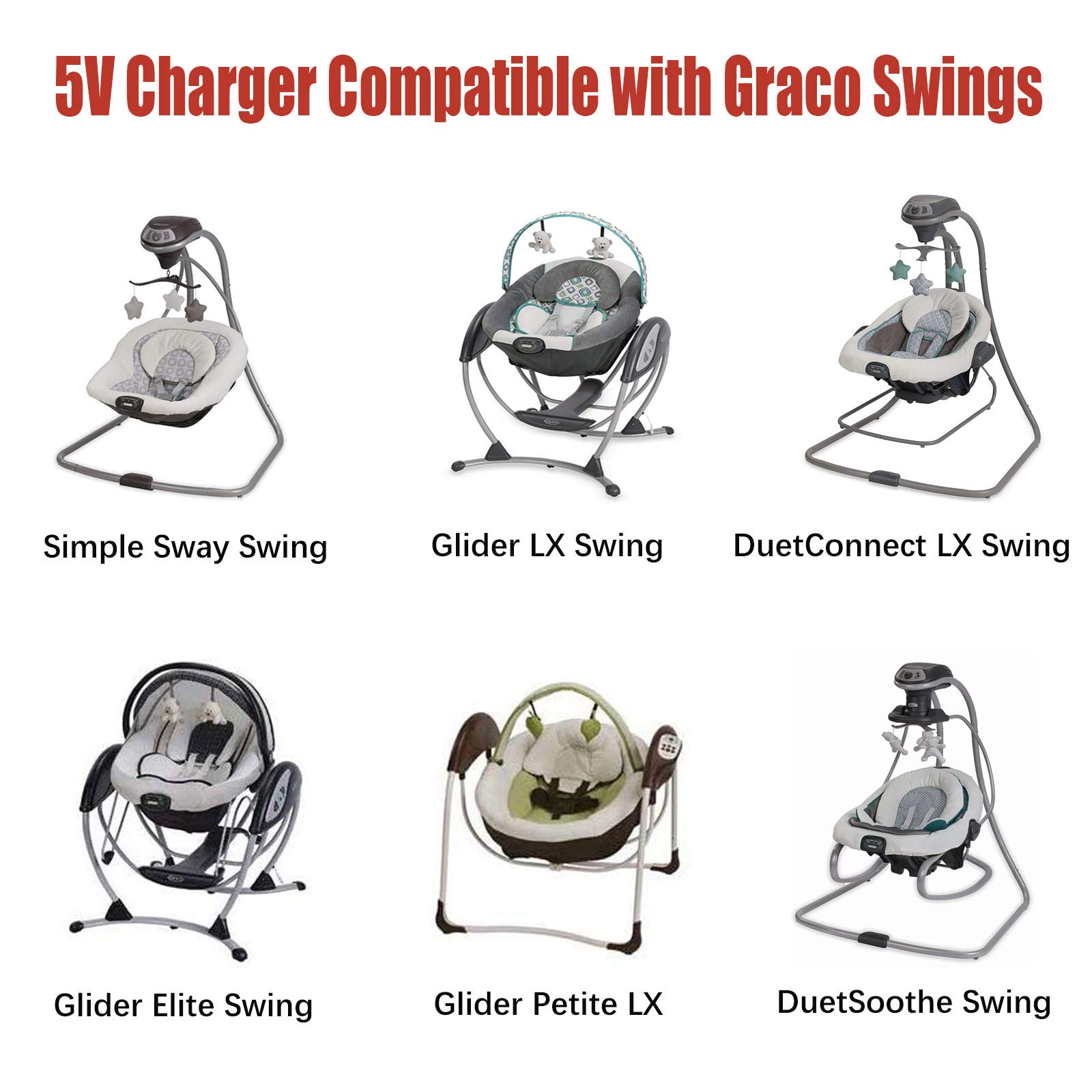 5V Baby Swing Replacement Power Cord Compatible with Swing, Simple Swing, Glider LX, Glider Elite, Glider Petite LX, Sweetpeace, Sweet Snuggle, DuetConnect LX, DuetSoothe AC Adapter (6.6FT)