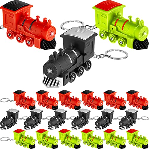 24 Pcs Trains Party Favors Train Keychain Light Up Backpack Clips with LEDs and Sounds LED Train Party Birthday Supplies Fun LED Light Up Keychains Classroom Rewards Goodie Bag Filler Carnival Prize